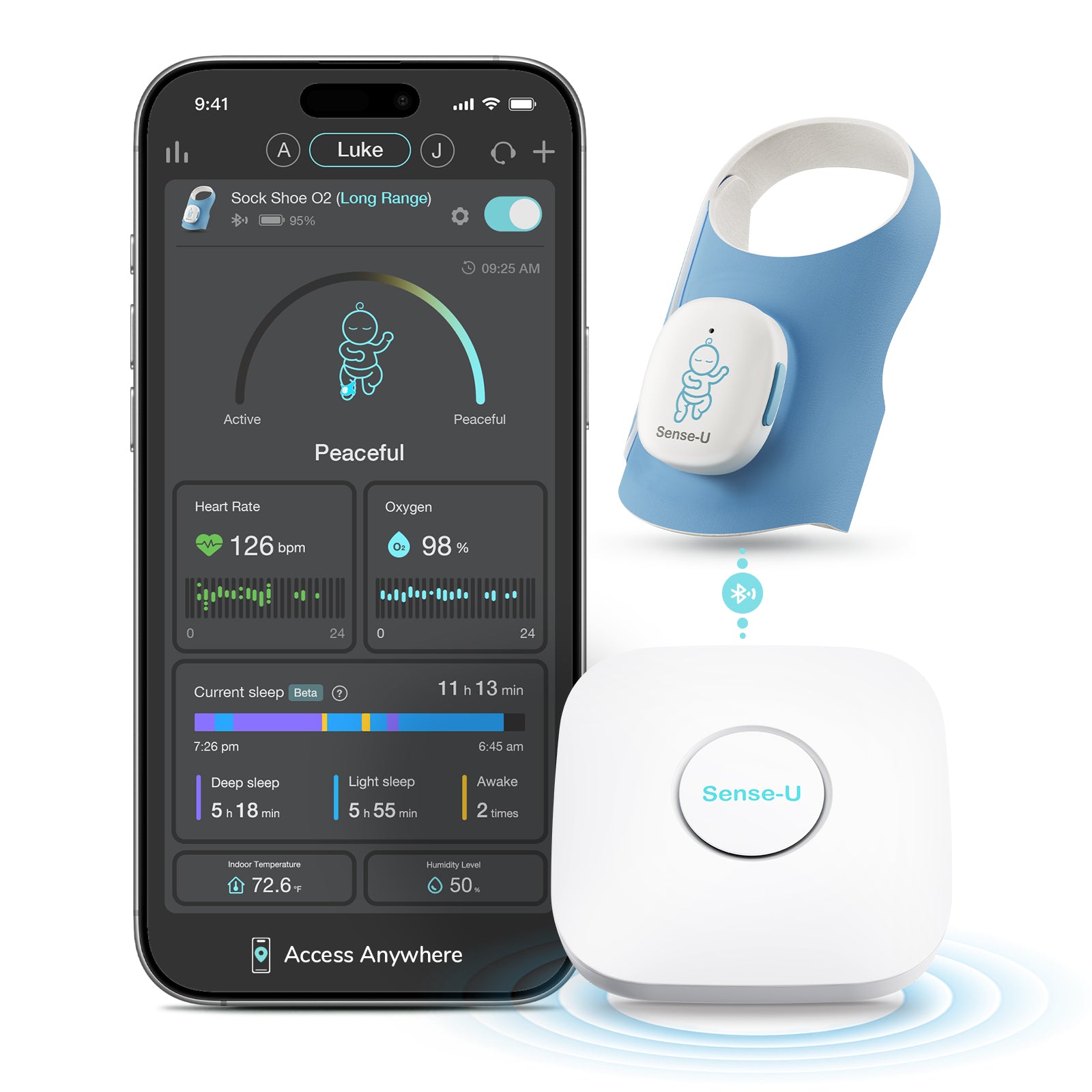 Sense-U Smart Sock Shoe O2 Long Range: Track Pulse Rate, Oxygen, Sleep